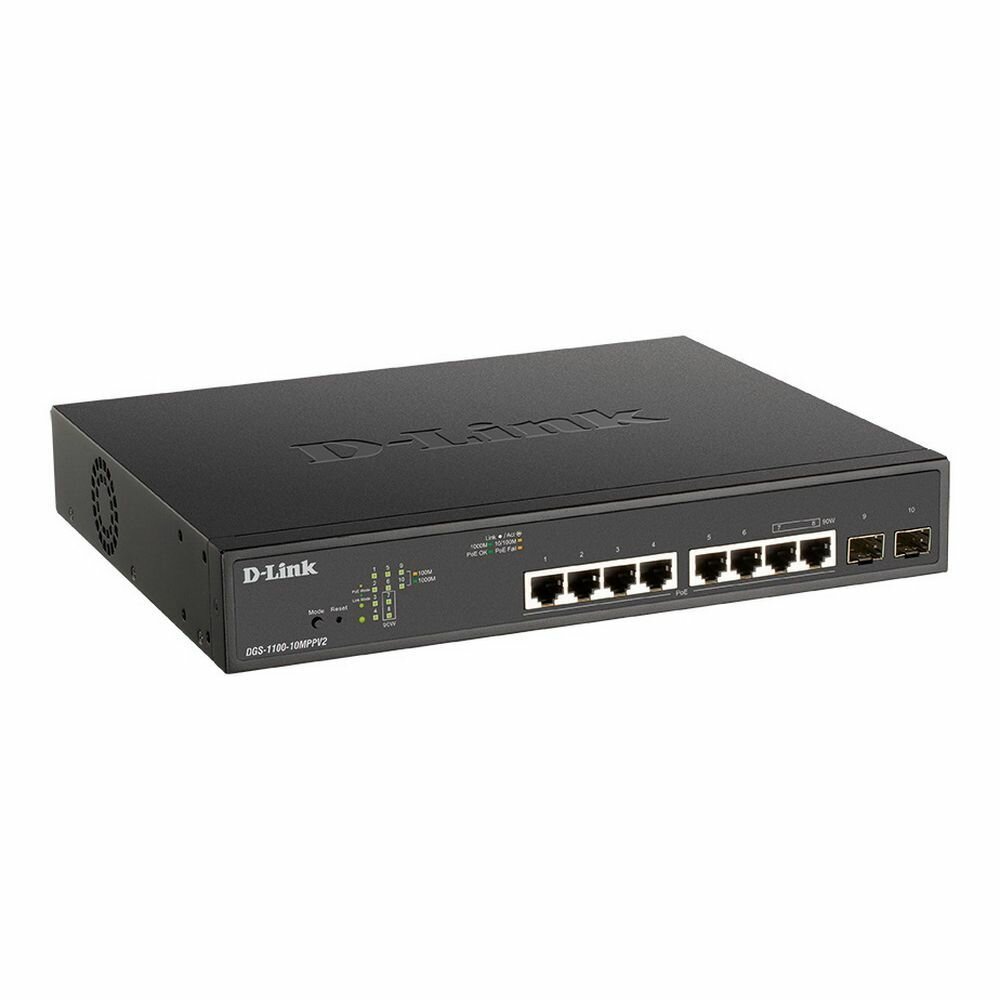 D-Link DGS-1100-10MPPV2/A3A Коммутатор , L2 Smart Switch with 8 10/100/1000Base-T ports and 2 1000Base-X SFP ports