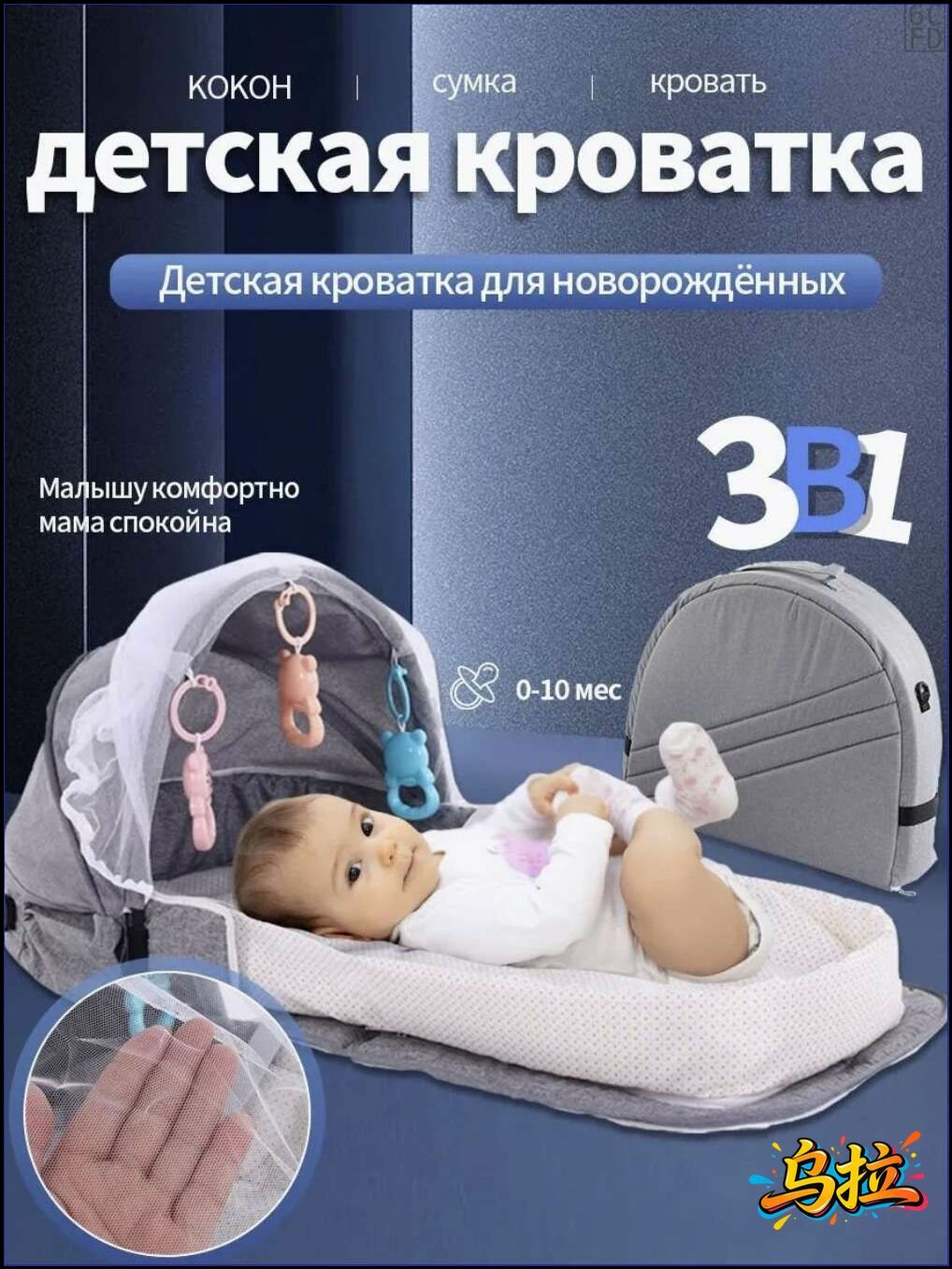 Люлька кроватка для новорожденных складная с москитной сеткой переносная детская для пеленания, сна и отдыха на природе и дома