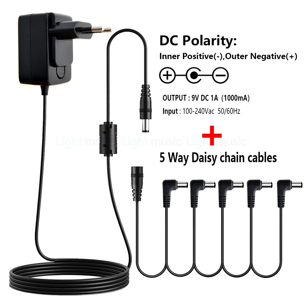 Адаптер питания для гитарных педалей Light Music 9В 1А EU Plug 5way