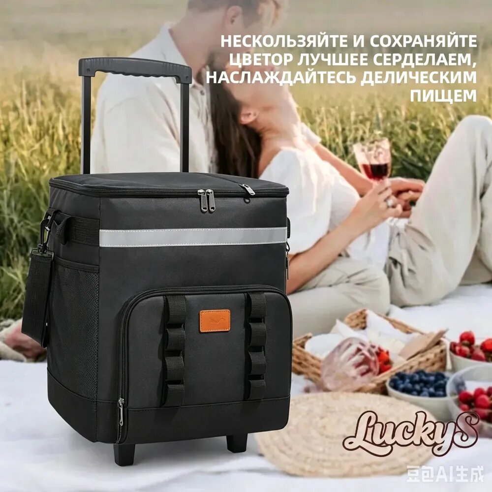 Термосумка Lucky's на колесах 35 л, черная, Оксфорд, 12 часов сохранения температуры