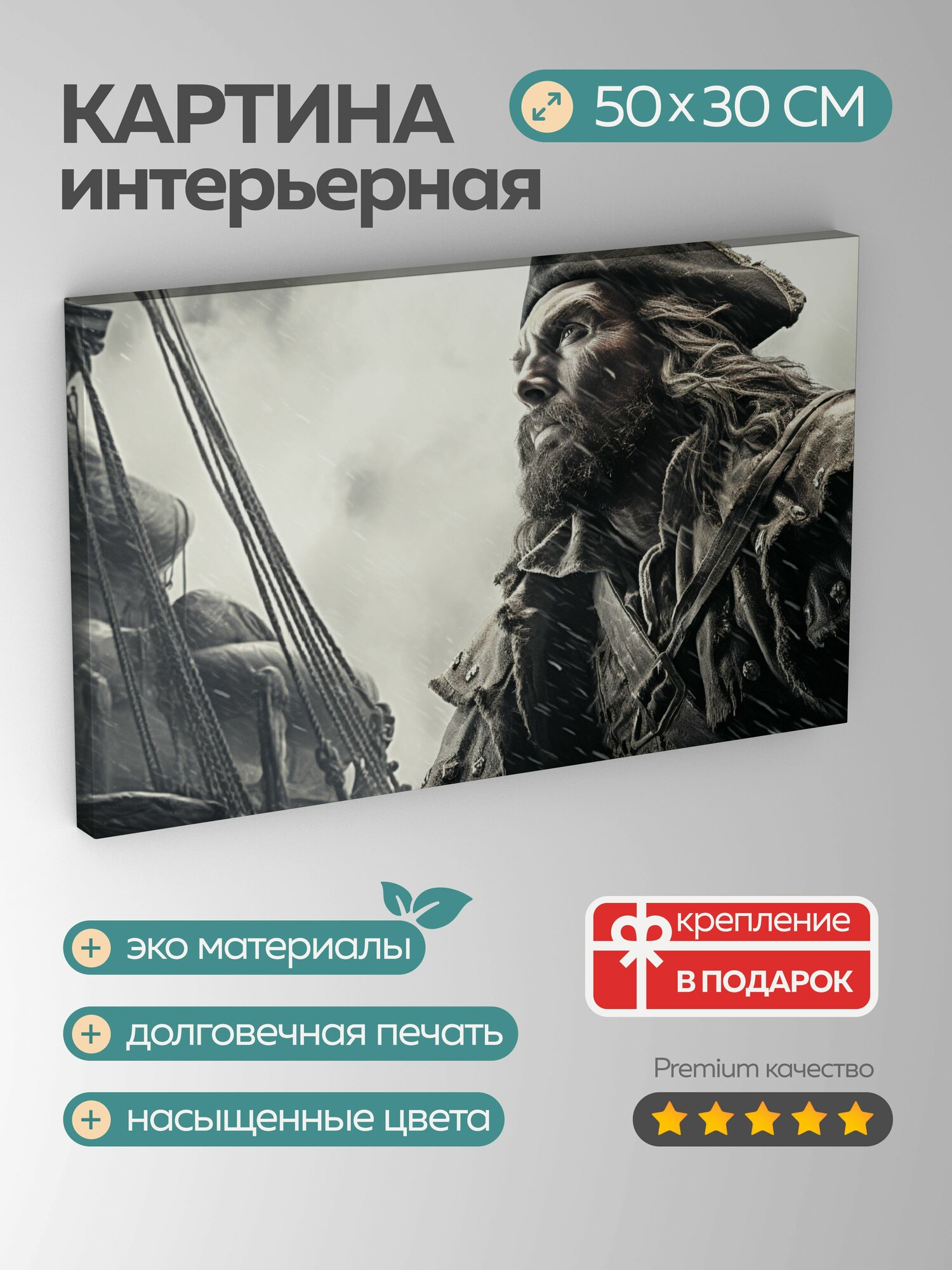 Картина на холсте интерьерная 50х30 см, черно-белая фотография, пиратский капитан, винтажный стиль, корабль, пальто