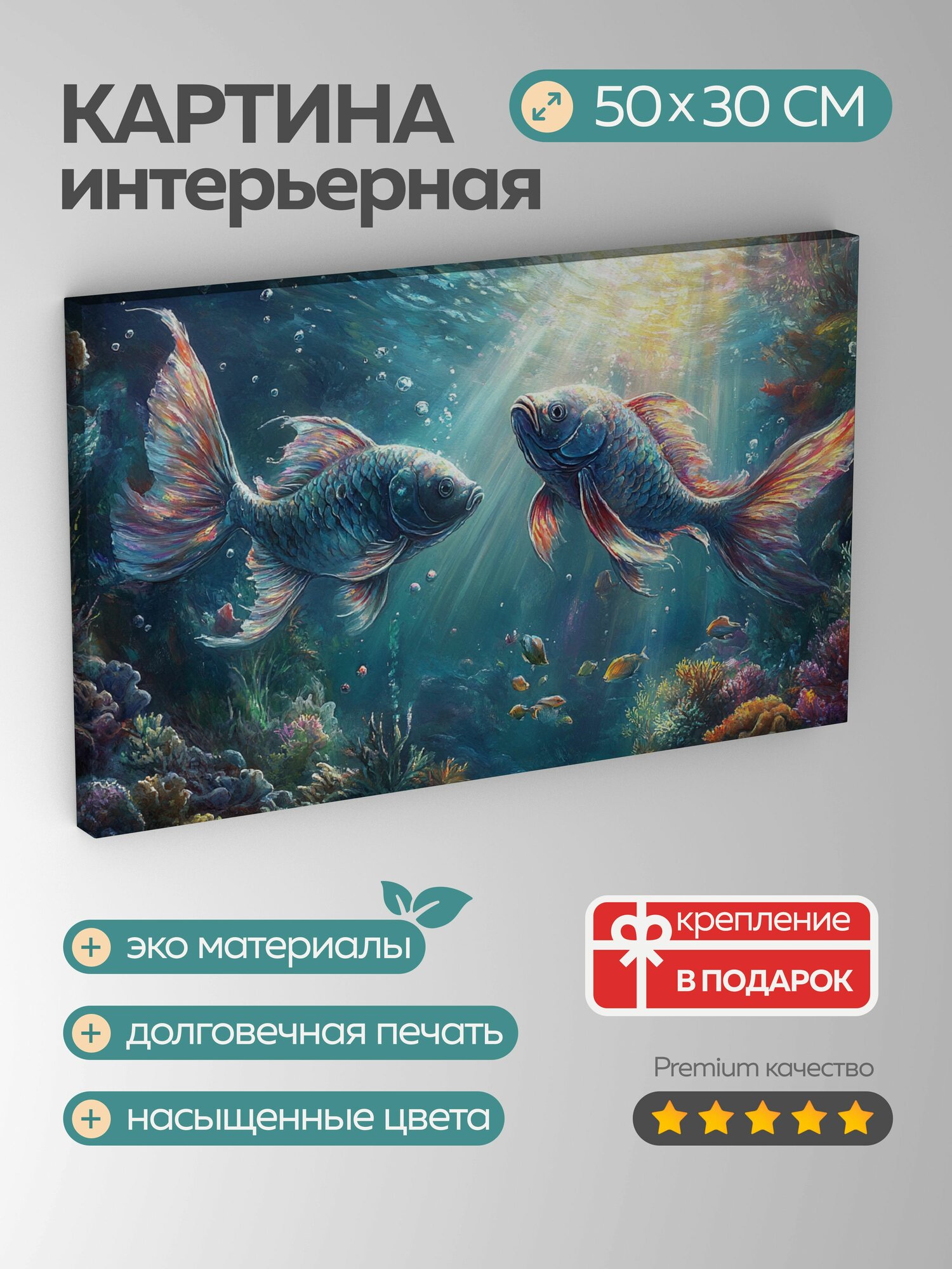 Картина на холсте интерьерная 50х30 см, картина маслом, подводная сцена, знак зодиака Рыбы, рыбы, коралловые рифы