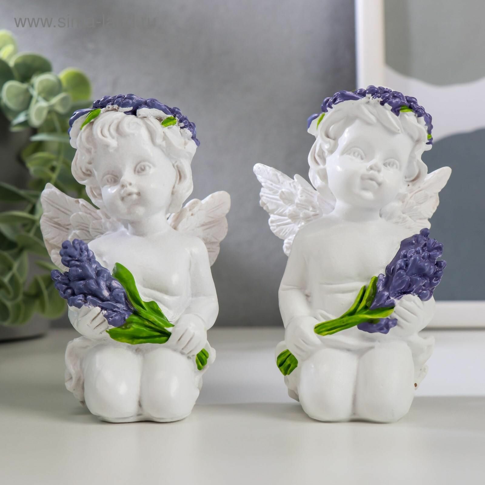 Фигурка полистоун Белоснежный ангел с лавандой, в венке из лаванды , 10.2 6.8 5.3 см, микс