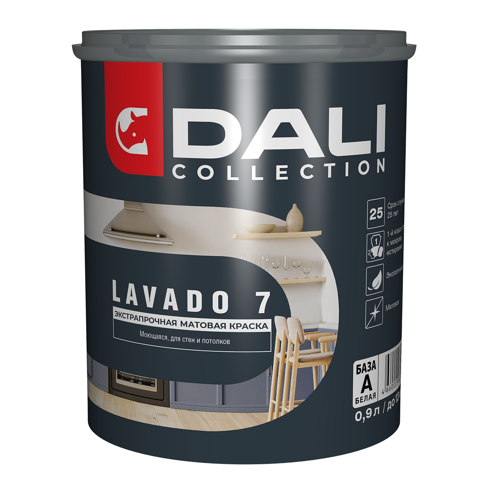 Краска DALI COLLECTION LAVADO 7 для стен и потолков экстрапрочная, глубокоматовая, 0,9л База А (белый)