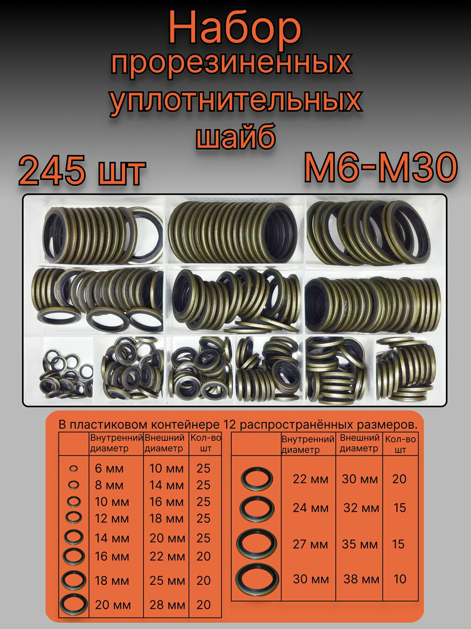Набор прорезиненных уплотнительных шайб (большой, 245 предметов)