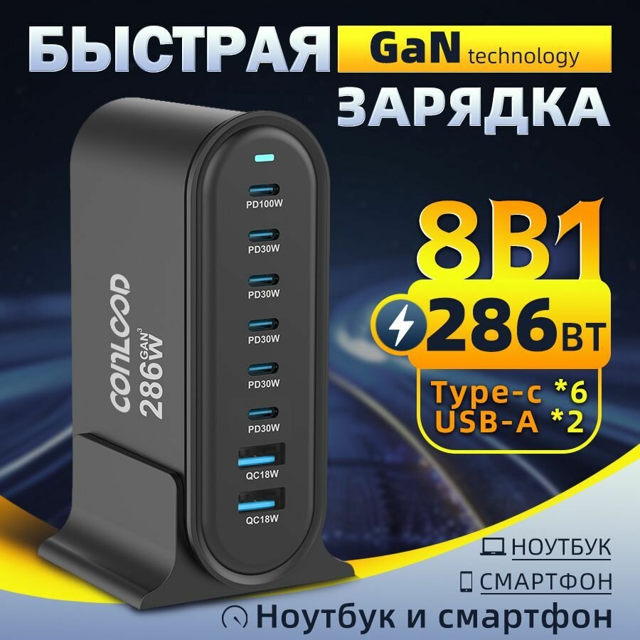 Быстрое зарядное устройство 8 в 1 286W 2xUSB А 6 Type-C Gan 286 Вт