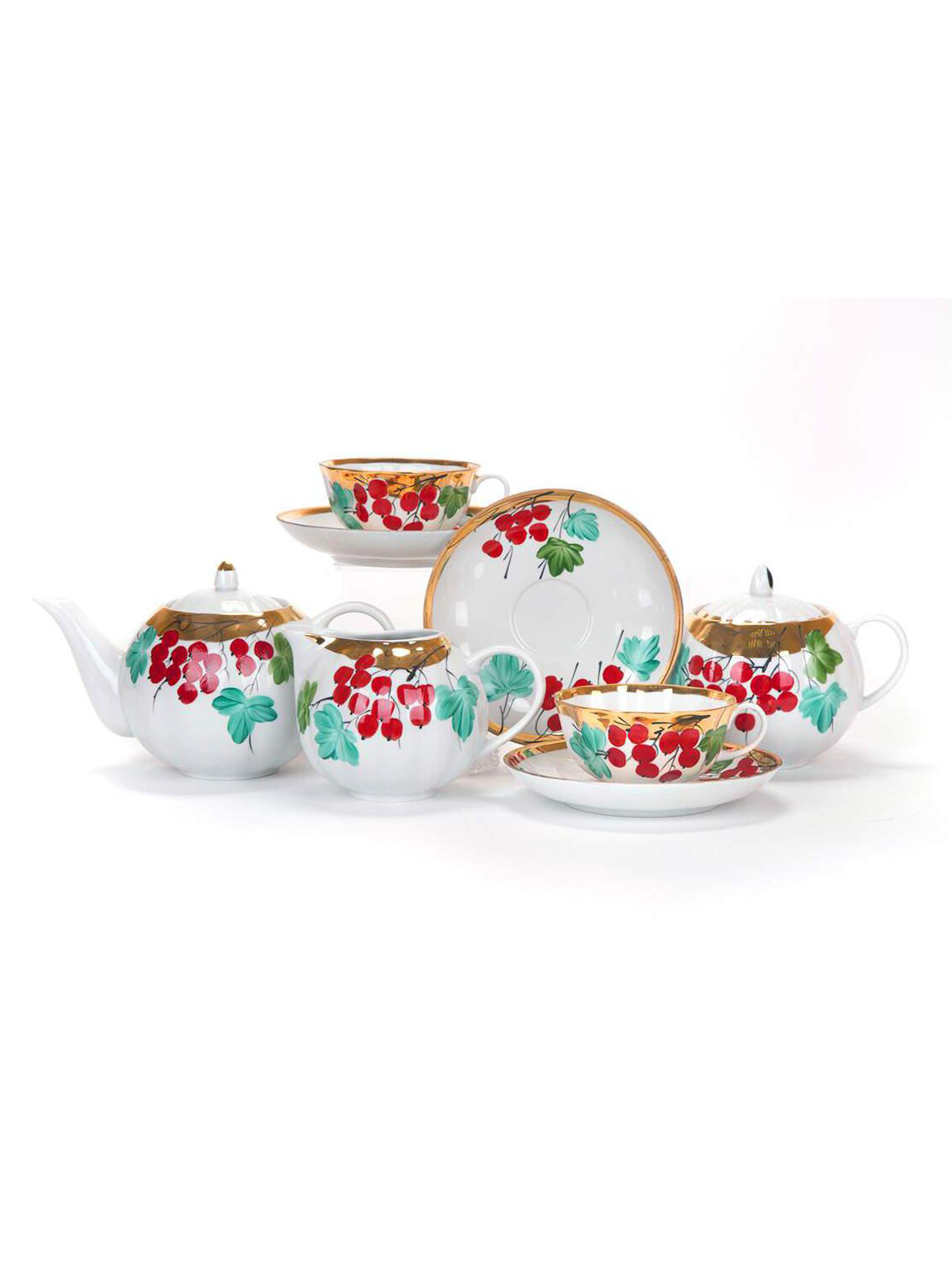 Сервиз чайный фарфоровый 15 предметов с чайником, на 6 персон, Дулево ф. Тюльпан "Калинка"