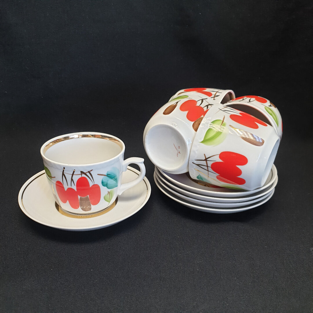 Набор из 5 чайных пар Краснодарский ФЗ, фарфор деколь роспись, винтаж СССР