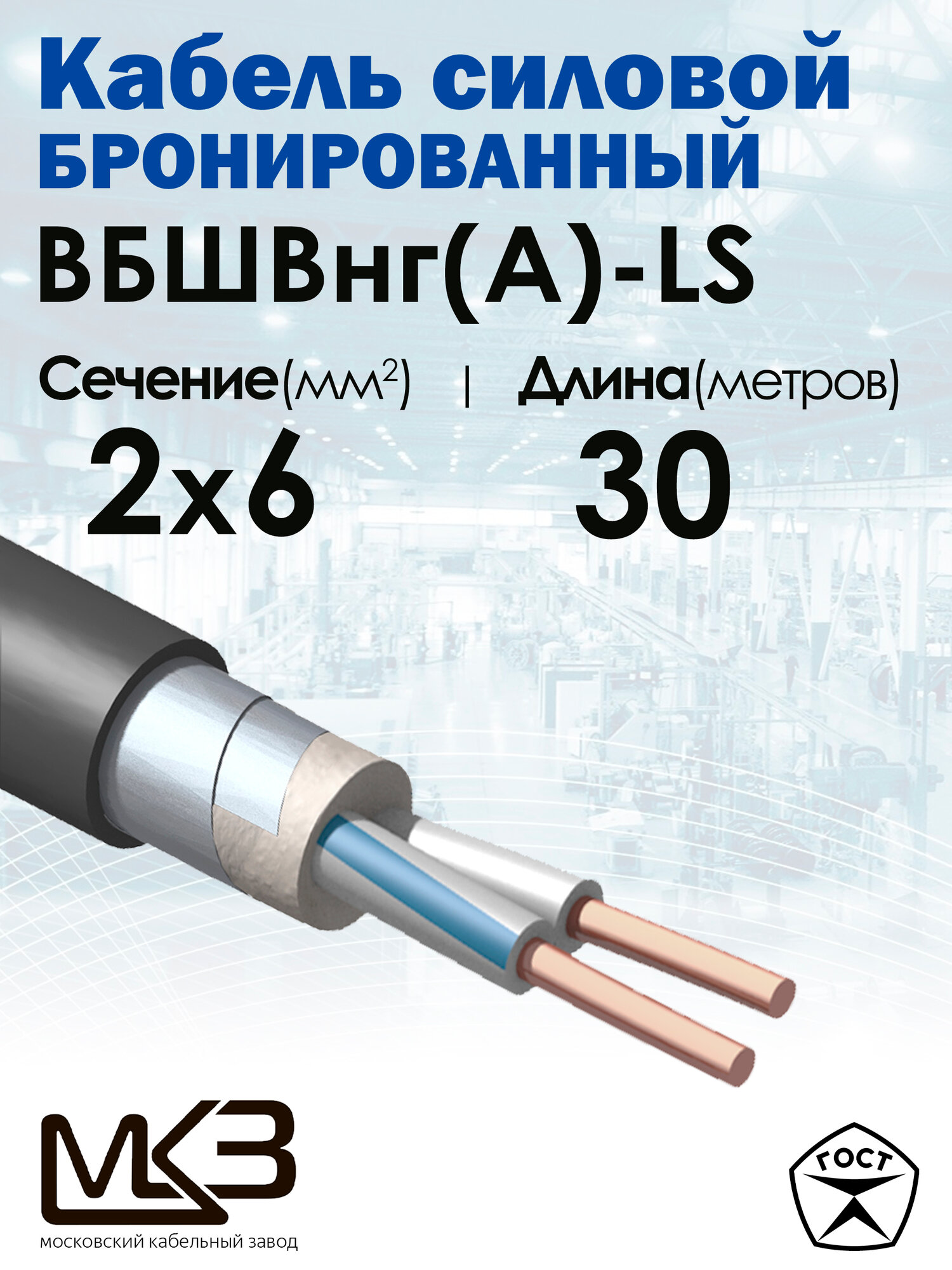 Кабель силовой бронированный ВБШвнг(А)-LS 2х6 30метров МКЗ ГОСТ
