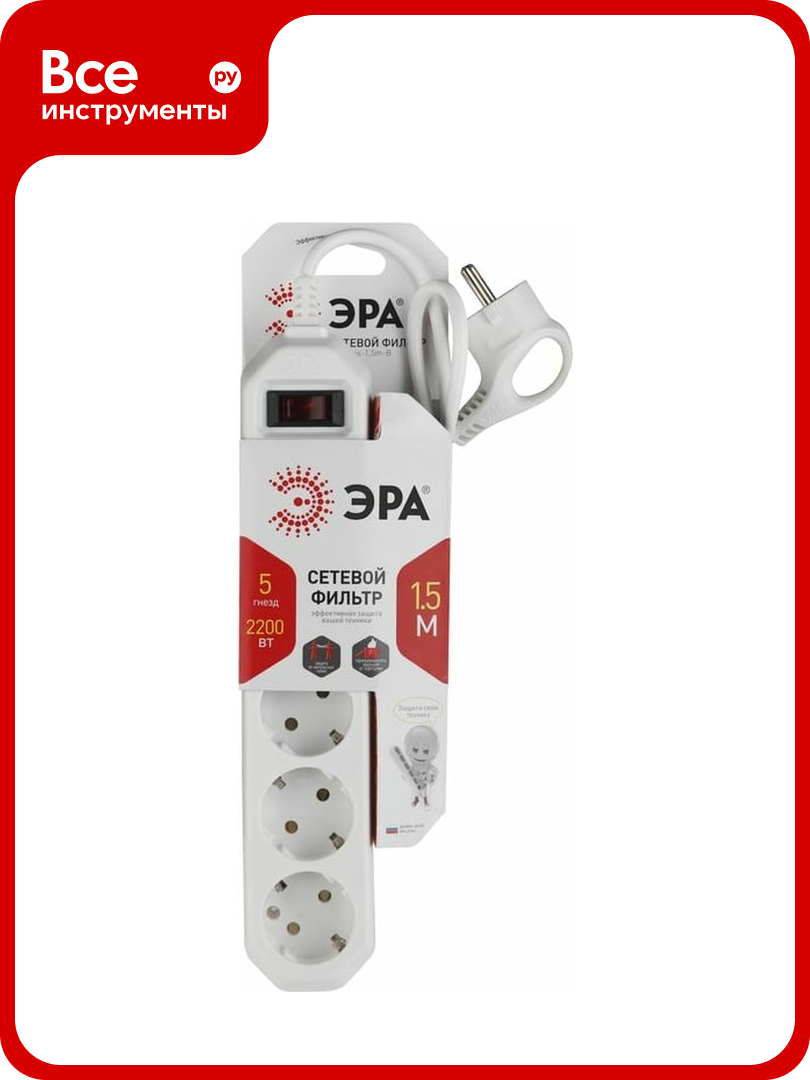 Сетевой фильтр ЭРА USF-5es-1.5m-W белый с предохранителем и выключателем на корпусе, световой индикацией, защита