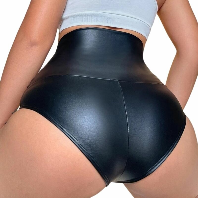 Сексуальные шорты из искусственной кожи-черный-XXL