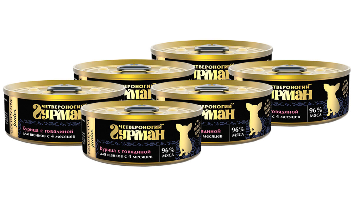 Корм влажный Четвероногий Гурман Golden Line для щенков, курица и говядина в желе, 100 гр х 6 шт