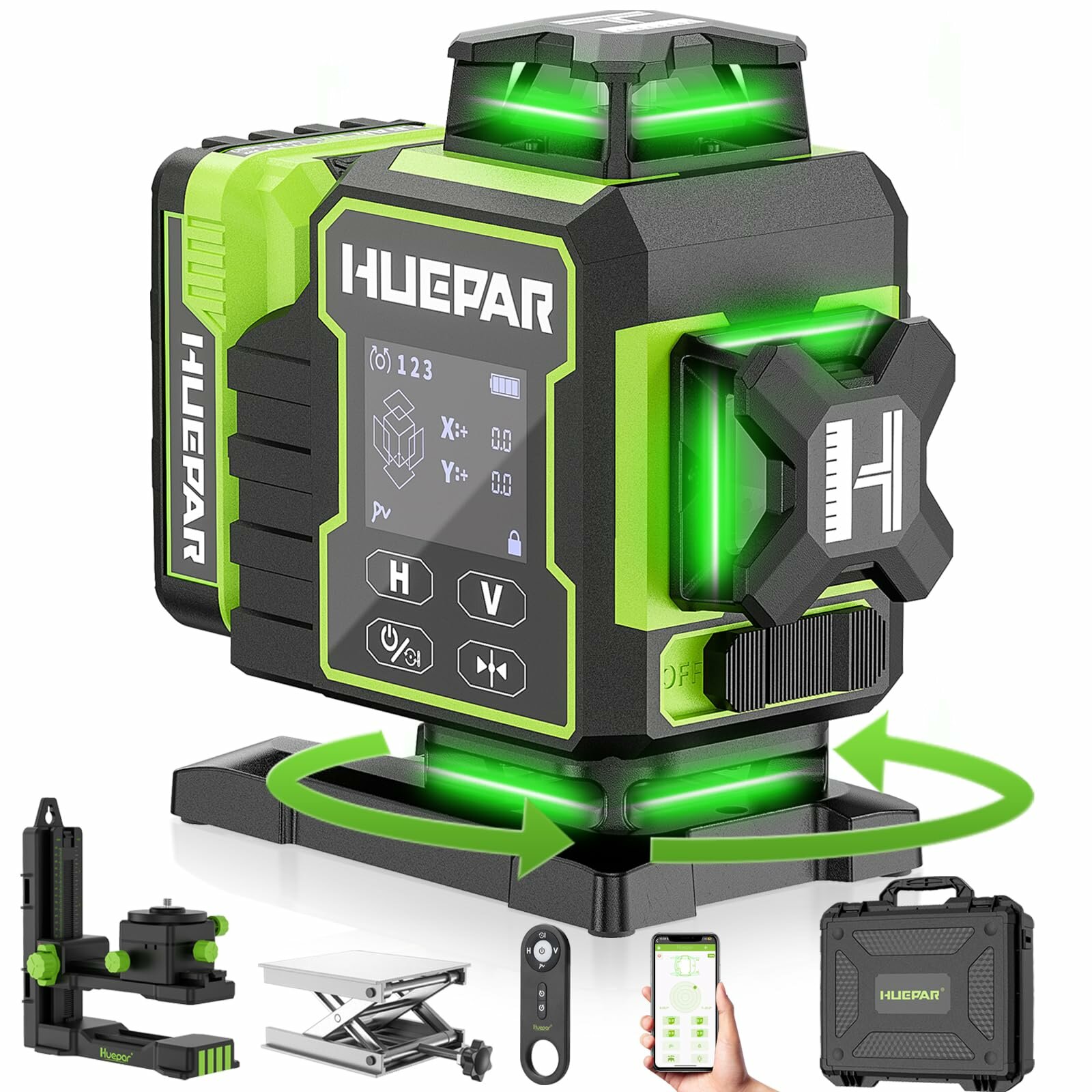 Лазерный уровень Huepar W04CG 16 лучей, зеленый, 3D, 4D, поворотный