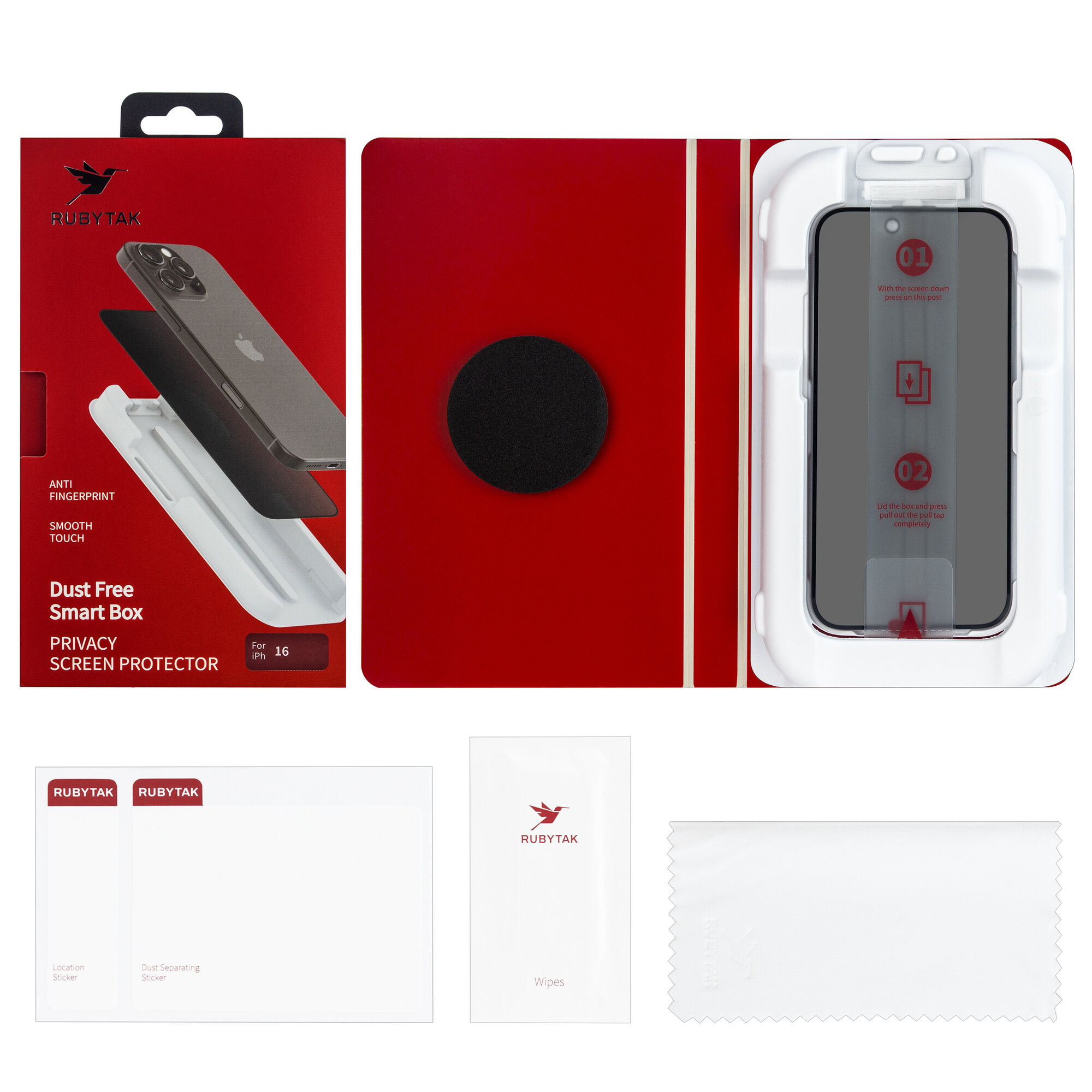 Защитное стекло iPhone 16 RUBYTAK Privacy (Антишпион) с аппликатором (isa)