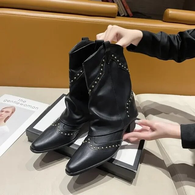 Женские ковбойские сапоги в стиле ретро, весна-осень, новые, до середины голени, на высоком каблуке, женские, с острым носком, на толстом каблуке, лодочки до щиколотки