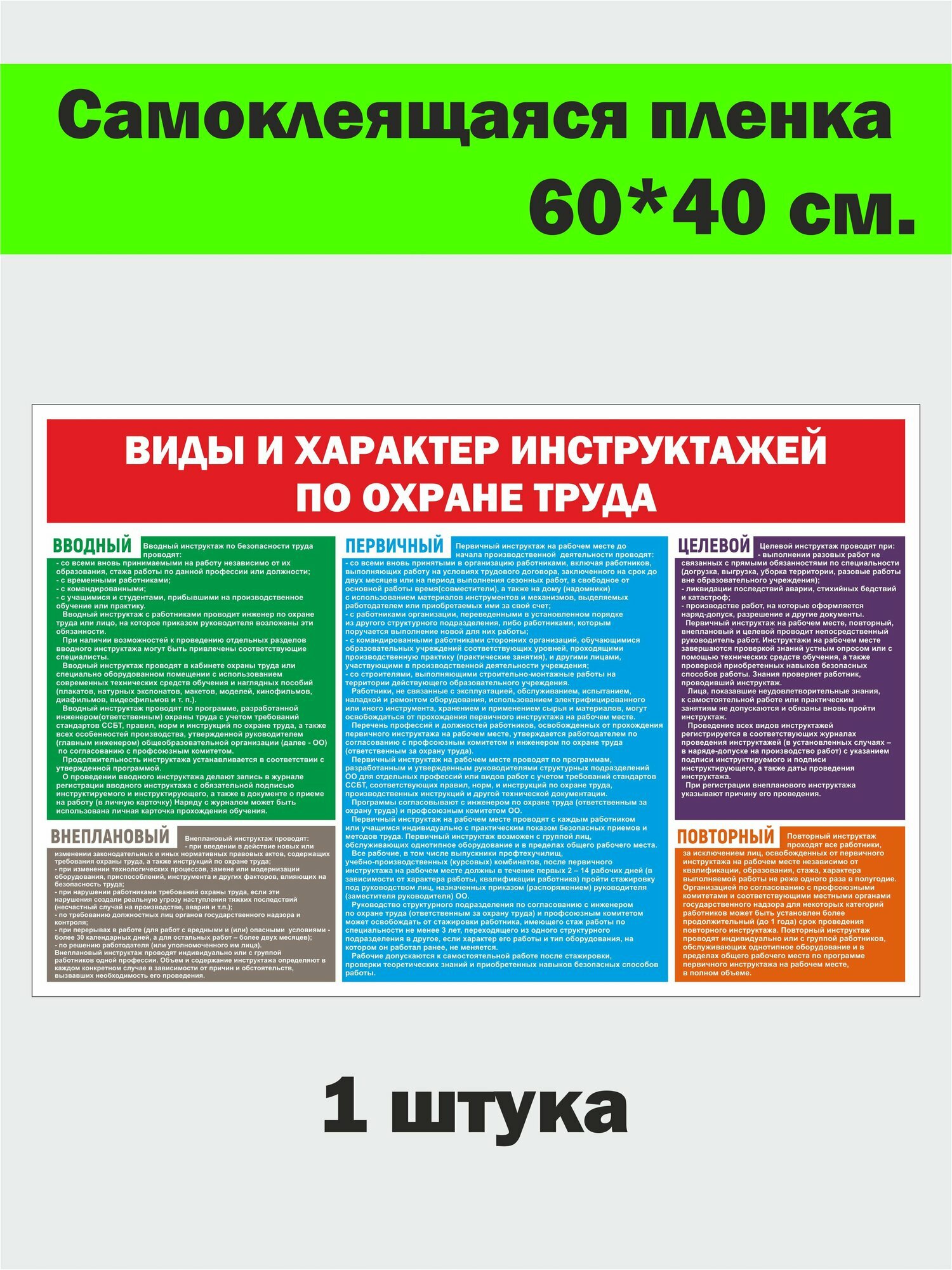 Плакат из самоклеящейся пленки "Виды и характер инструктажей по охране труда" 60 x 40 см.