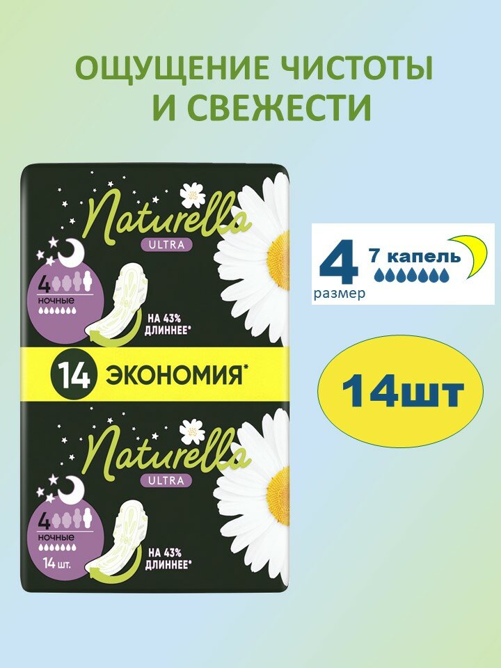 Прокладки Натурелла ультратонкие ночные с крылышками, женские, 14шт
