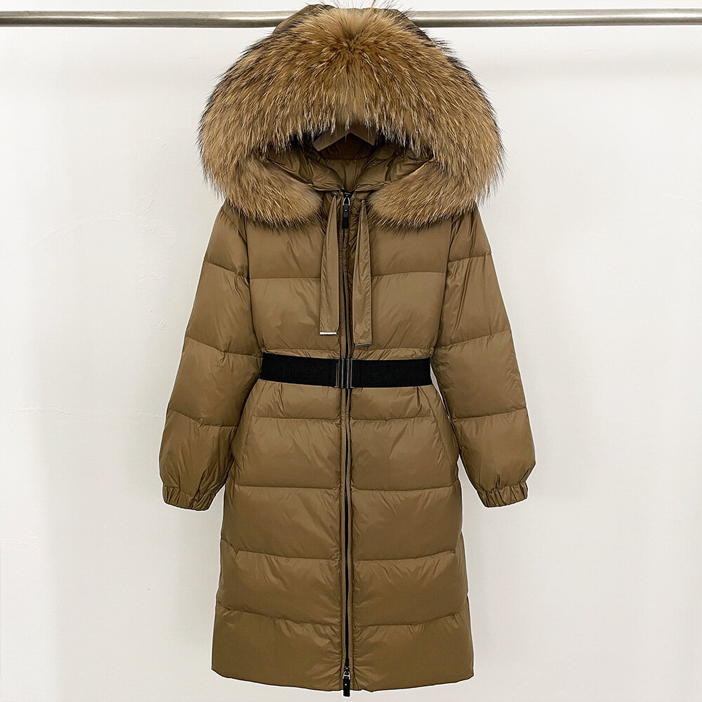Зимняя длинная женская куртка-пуховик с большим меховым воротником и капюшоном, высококачественная куртка из белого утиного пуха, универсальное теплое пальто выше колена