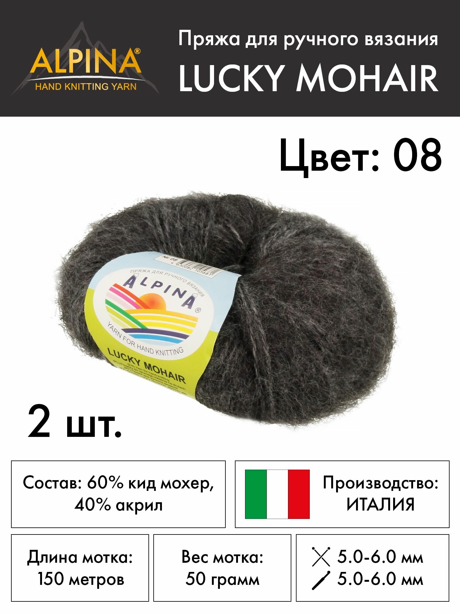 Пряжа Alpina "LUCKY MOHAIR" 60% кид мохер, 40% акрил 2 мотка 50 г 150 м №08 т. серый меланж