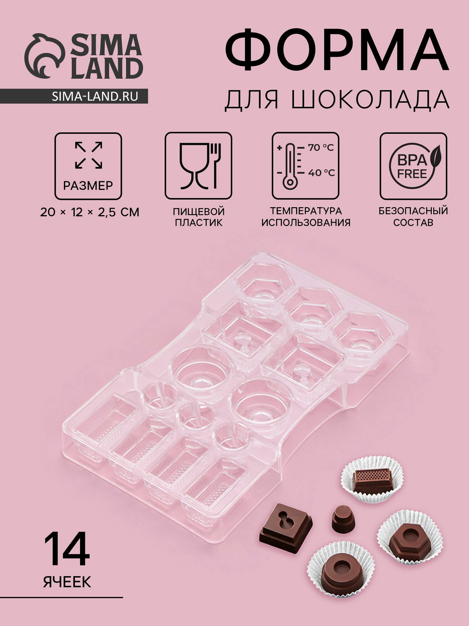 Форма для конфет и шоколада "Ассорти", пластик, 14 ячеек, 20x12x2.5 см, прозрачная