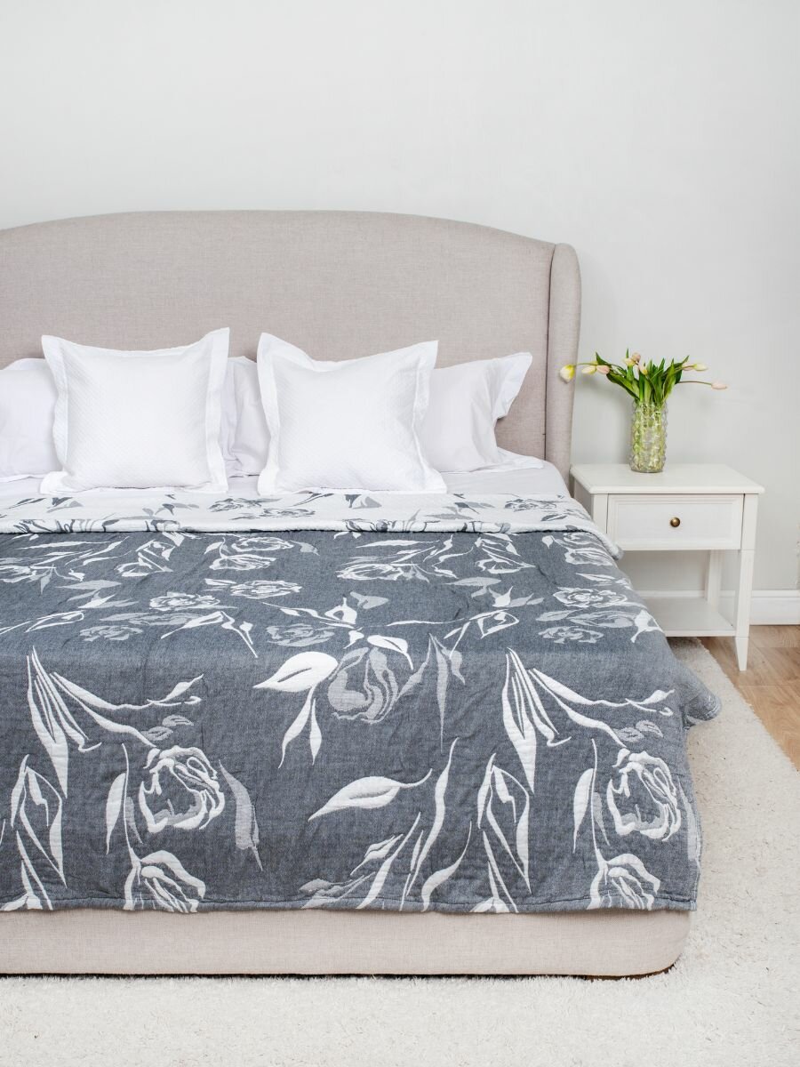 Покрывало на кровать 200x230, хлопок, цветы, тёмно-серое