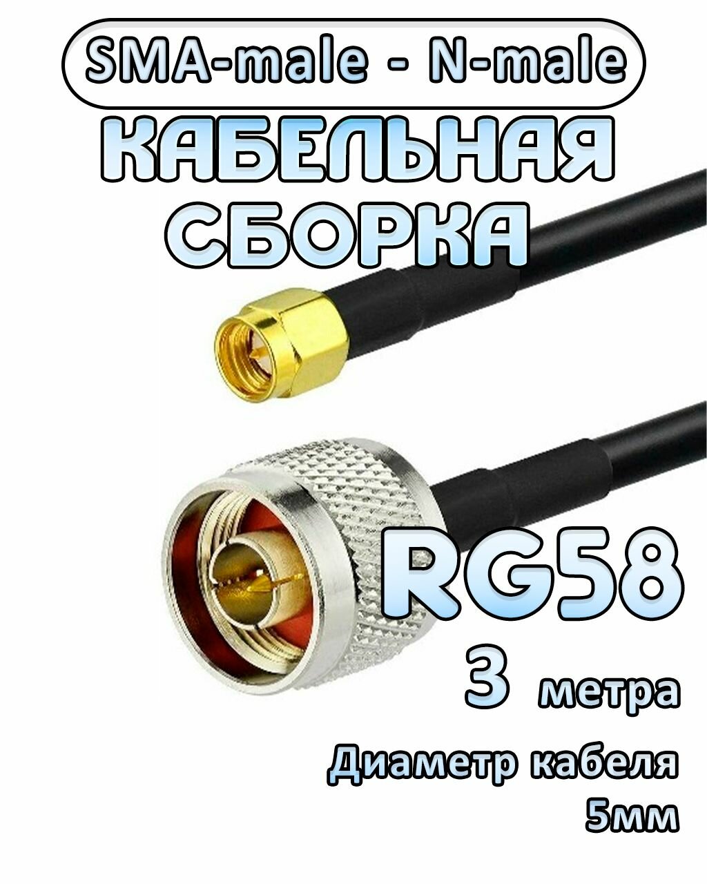 Кабельная сборка RG-58 с разъемами SMA-male - N-male, 3 метра