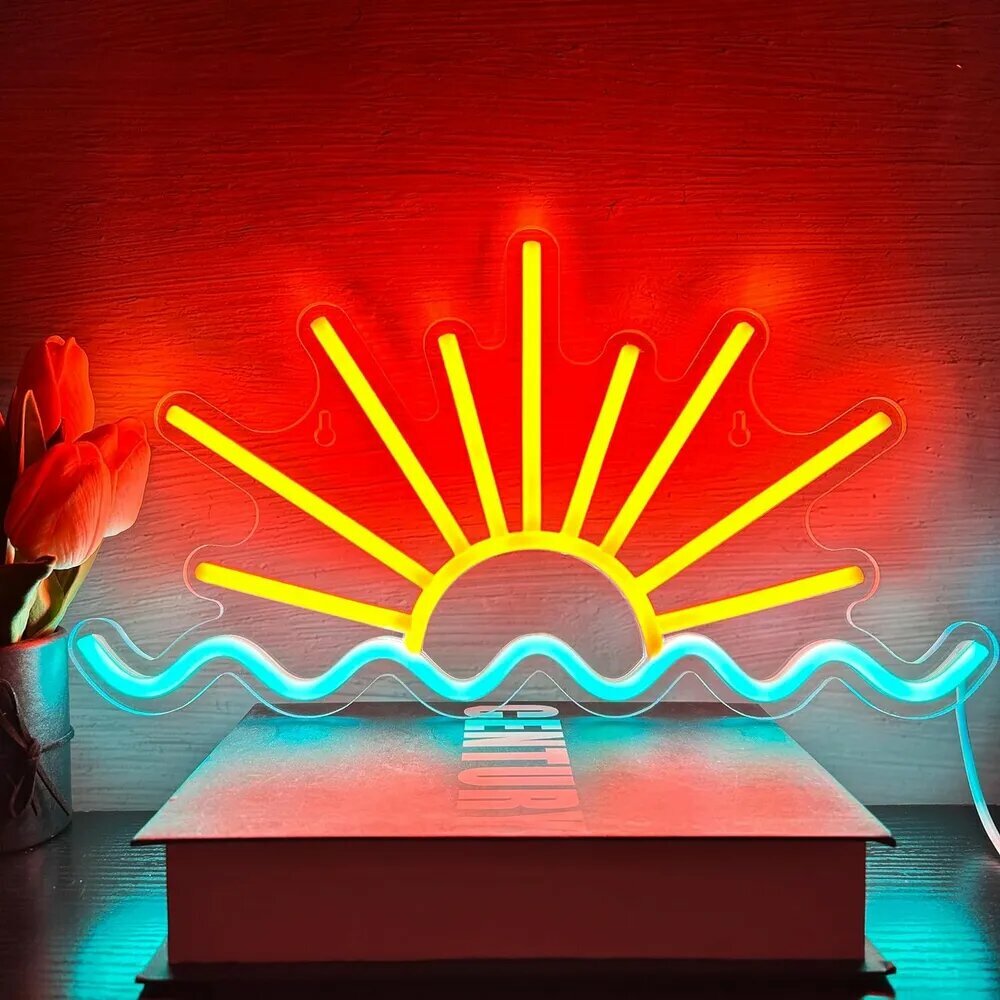 Неоновая вывеска Neon восход солнца, декоративный светильник, 38х20.5 см, Желтый и синий