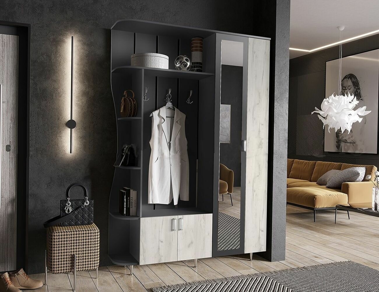 Прихожая "Лика-1" с полками, крючками и штангой 1,5 м. (Графит/Дуб Крафт Белый)