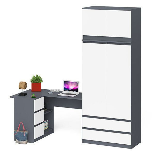 Стол компьютерный Мори МС-16 левый + Шкаф МШ900.1 + Антресоль МА900.1, цвет графит/белый