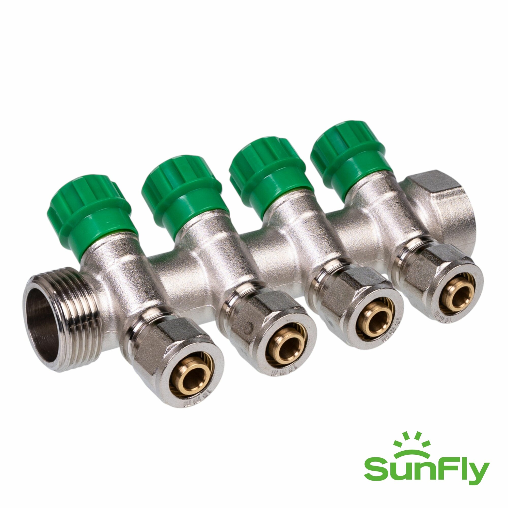 Коллектор с регулировочными вентилями 1", 4 отвода x 16 мм с цангами SUNFLY (XF25289-1-4)