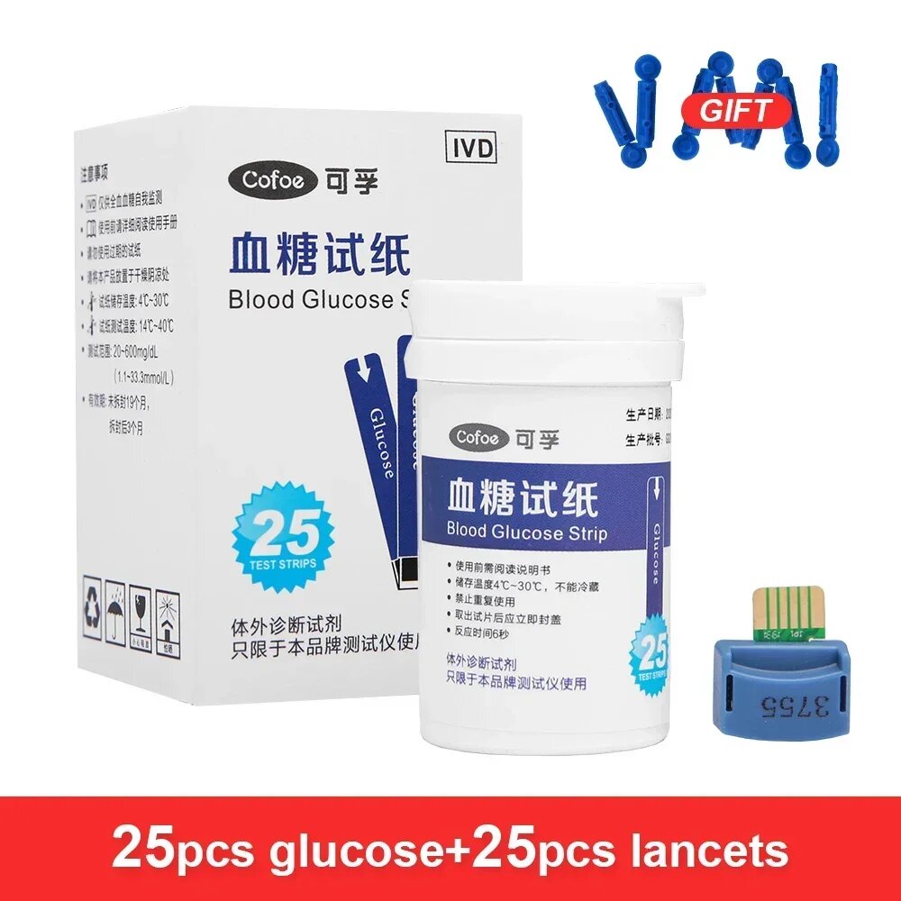Тест-полоски и ланцеты Cofoe 3 в 1 для детектора RF-XT-01 25pcs glucose