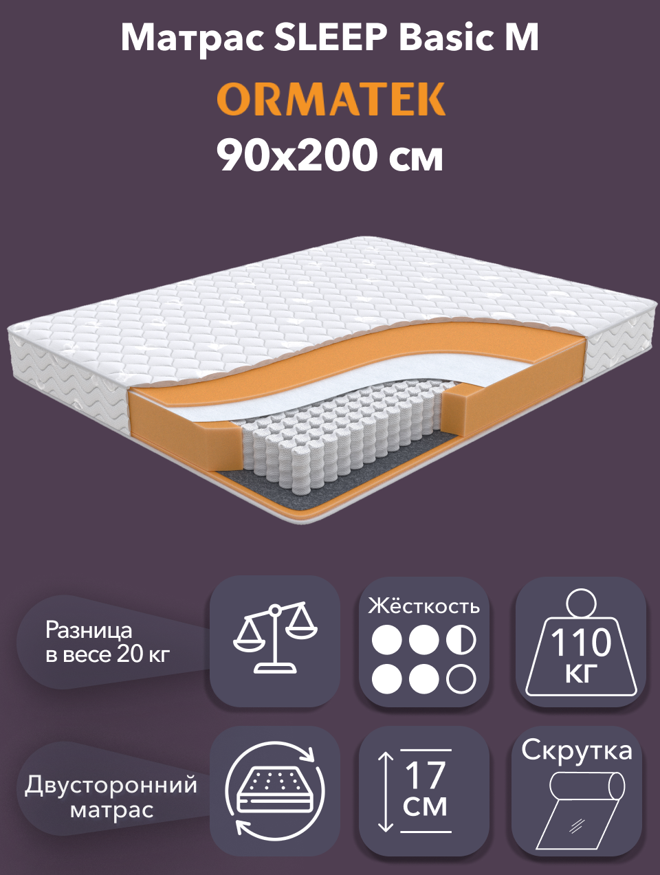 Орматек Матрас SLEEP Basic M, Независимые пружины, 90х200 см, Односпальный двусторонний анатомический матрас на кровать