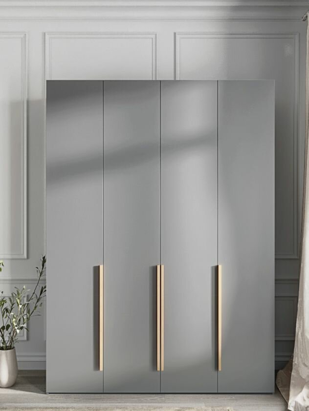 Шкаф для одежды с полками и 2 штангами Casa Mia 160x55x250 см. Н2-гладкий четырехстворчатый распашной, цвет Серый Манхеттен 540 PE, Ручка накладная L.832мм, отделка ясень натуральный (лак)