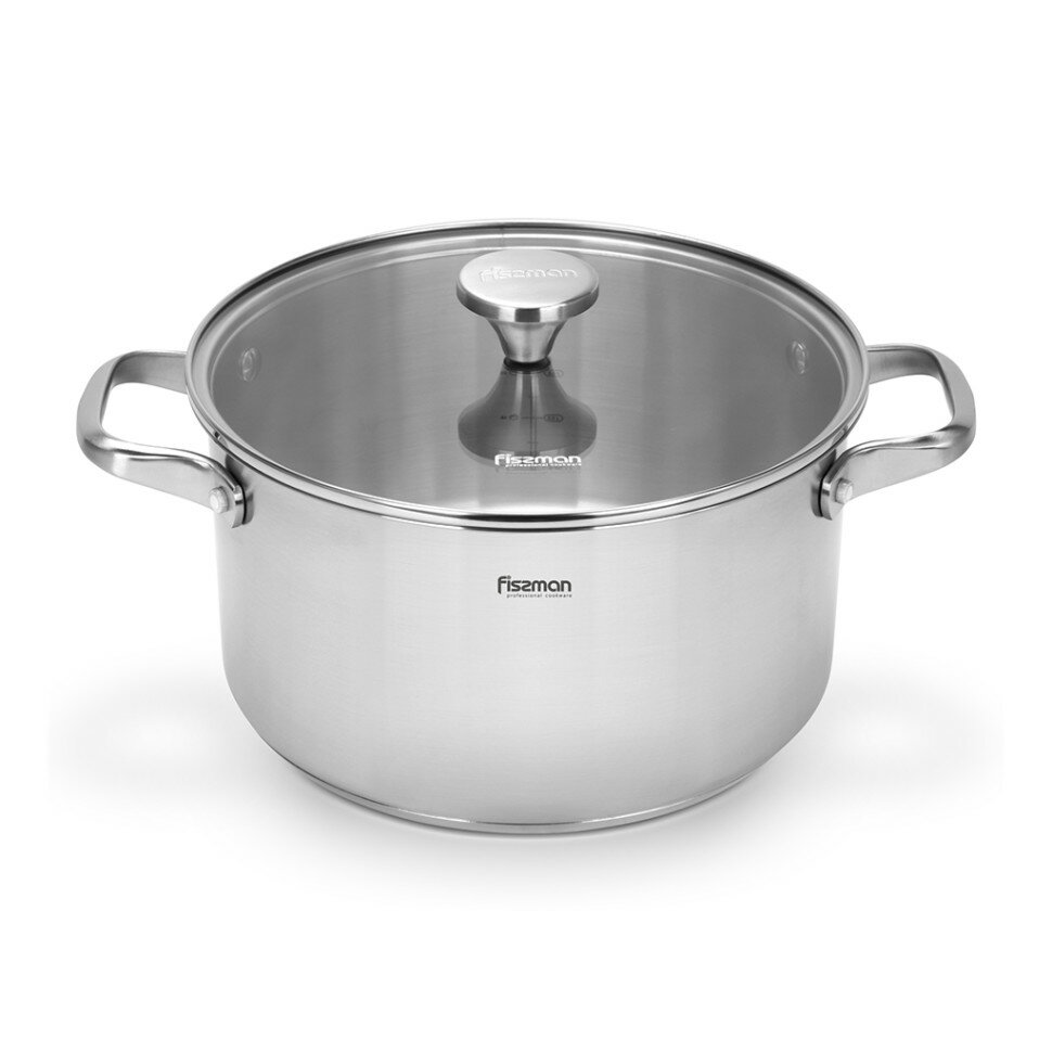 15097 FISSMAN Кастрюля MASTER CHEF 24x13 см / 5,4л со стеклянной крышкой (нерж. сталь) Ручки-нерж. сталь; Крышка-стекло; Индукция; Термоаккумулирующее многослойное дно