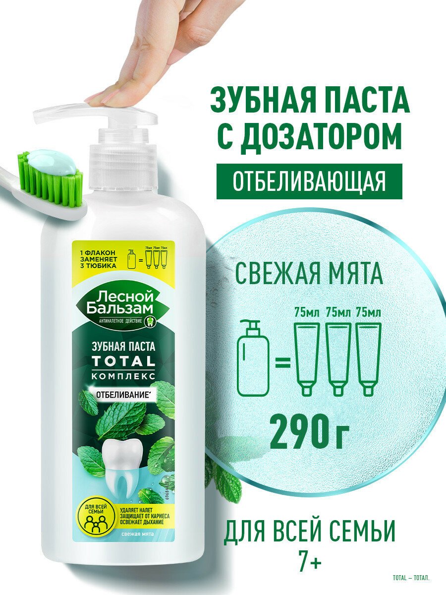 Лесной Бальзам Зубная паста отбеливающая с дозатором Свежая Мята Total Комплекс Отбеливание для всей семьи 290 мл
