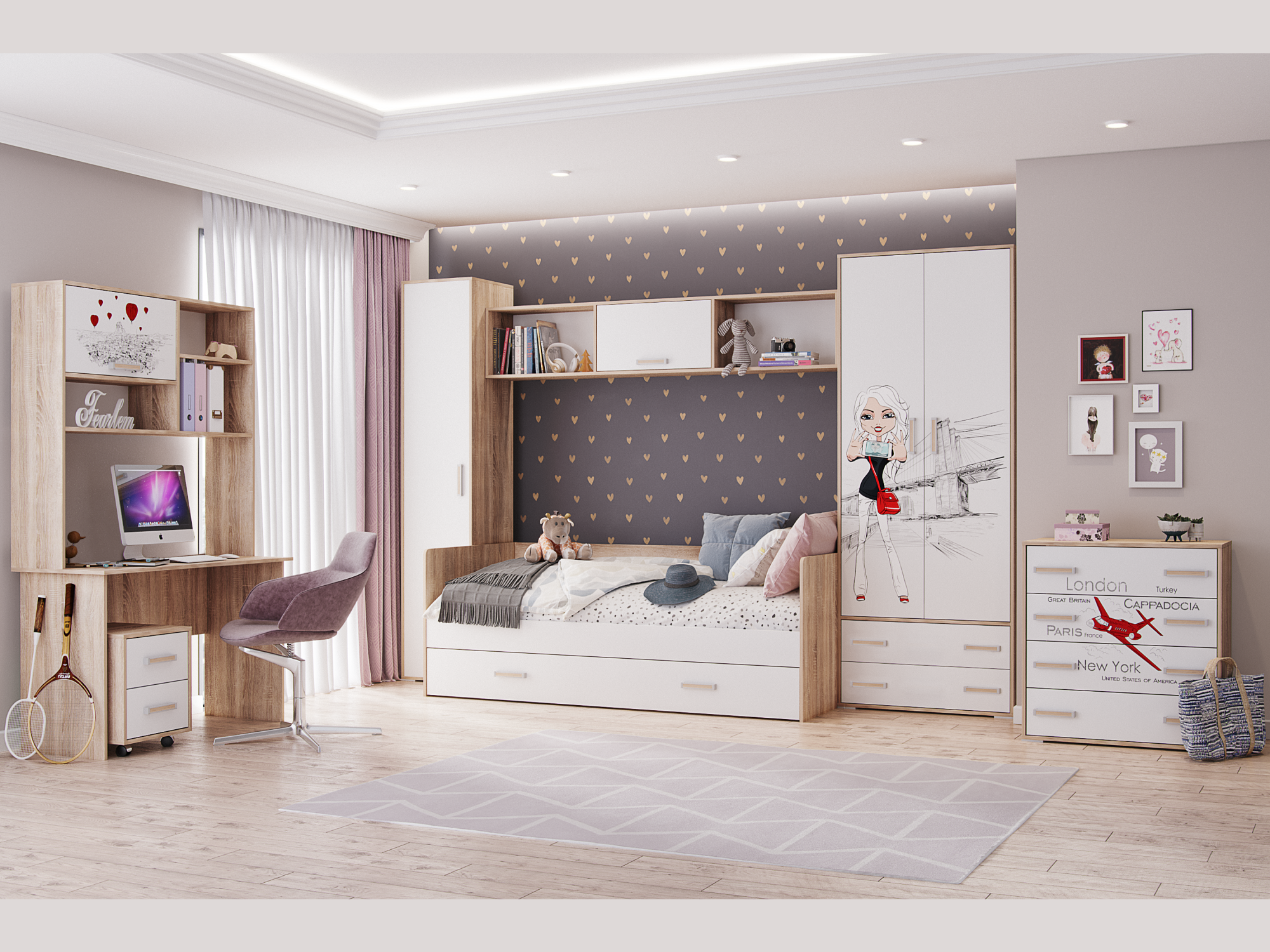 Модульная детская в современном стиле, набор 3, Дуб сонома/Белый с фотопечатью