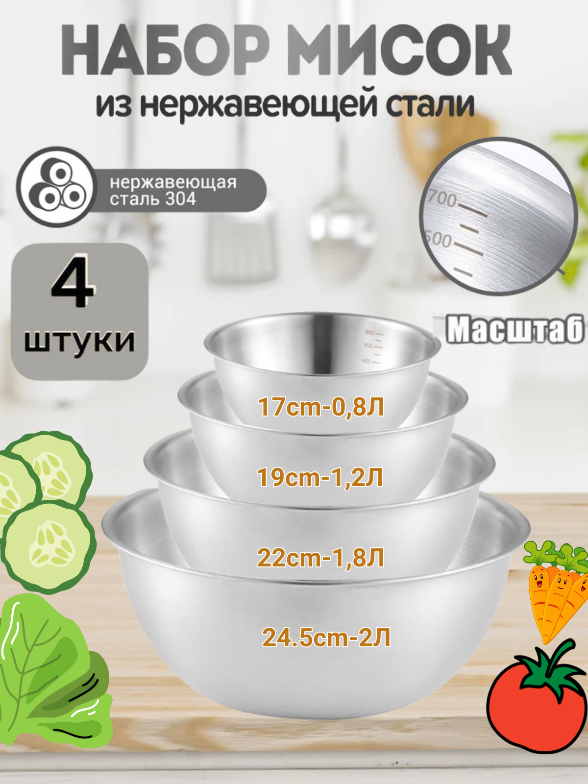 Набор мисок из нержавеющей стали для кухни