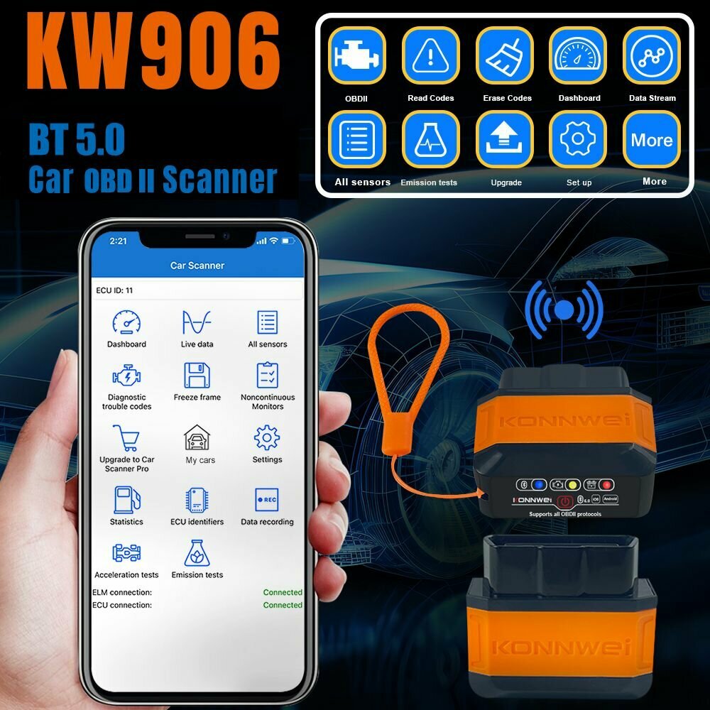 KONNWEI KW906 BT 5.0 беспроводной OBD2 сканер для IOS/Android, черный