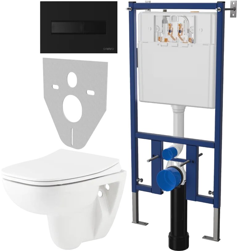 Комплект DIWO 6 в 1: инсталляция, унитаз подвесной Seramiksan Petite безободковый, сиденье микролифт, кнопка смыва 7323 черная матовая, шумоизоляция, крепления (инсталляция с унитазом комплект)