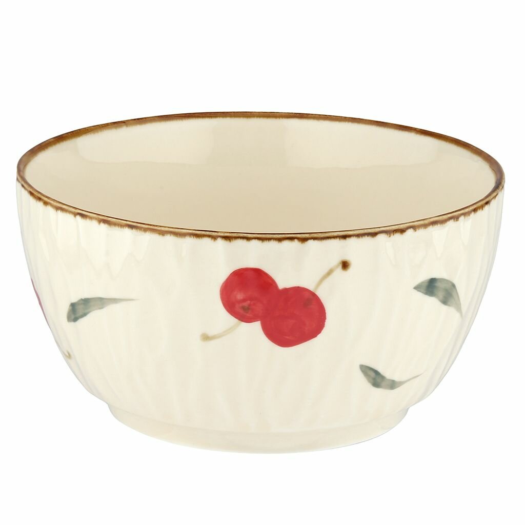 "Вишенка" Салатник фарфоровый 830мл, д15,1см, h7,8см, с деколью, отводка, рифленый борт, кремовый