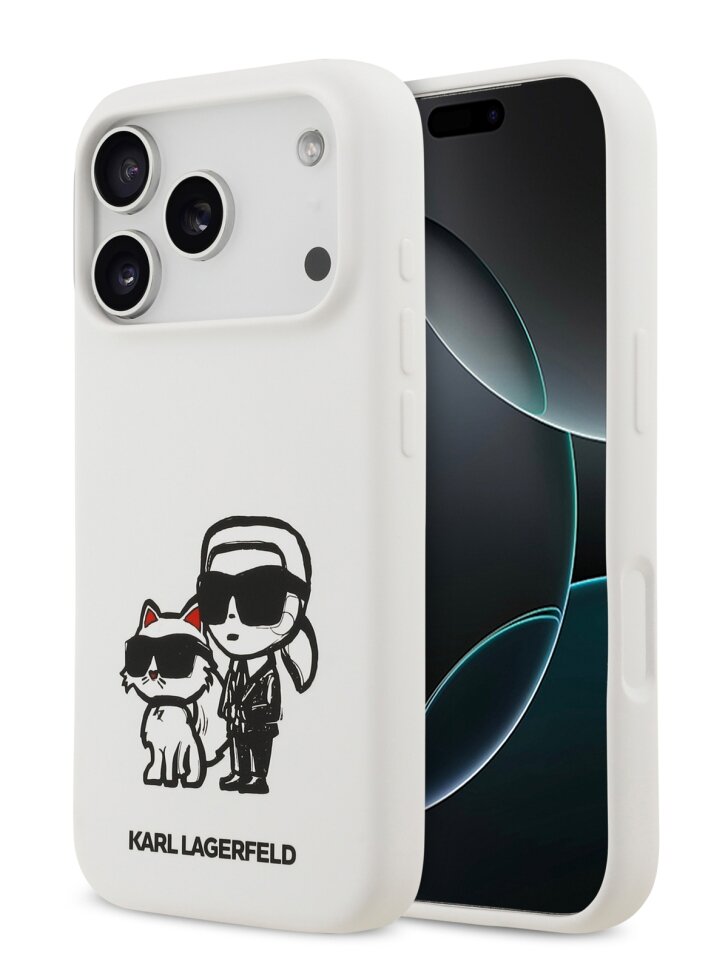 Karl Lagerfeld силиконовый чехол с MagSafe для iPhone 17 Pro, Liquid Silicone Sketch Karl & Choupette, белый