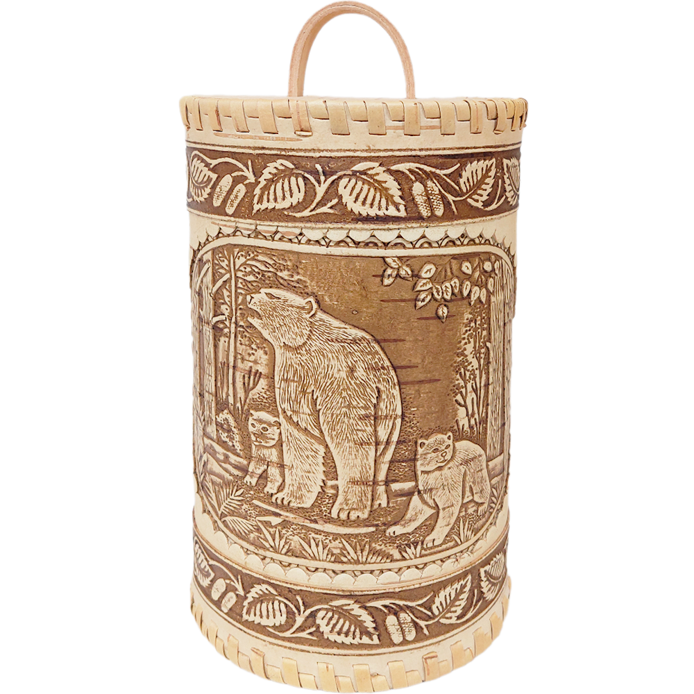 Туесок из бересты ручной работы "Медведица с медвежонком", 2л.