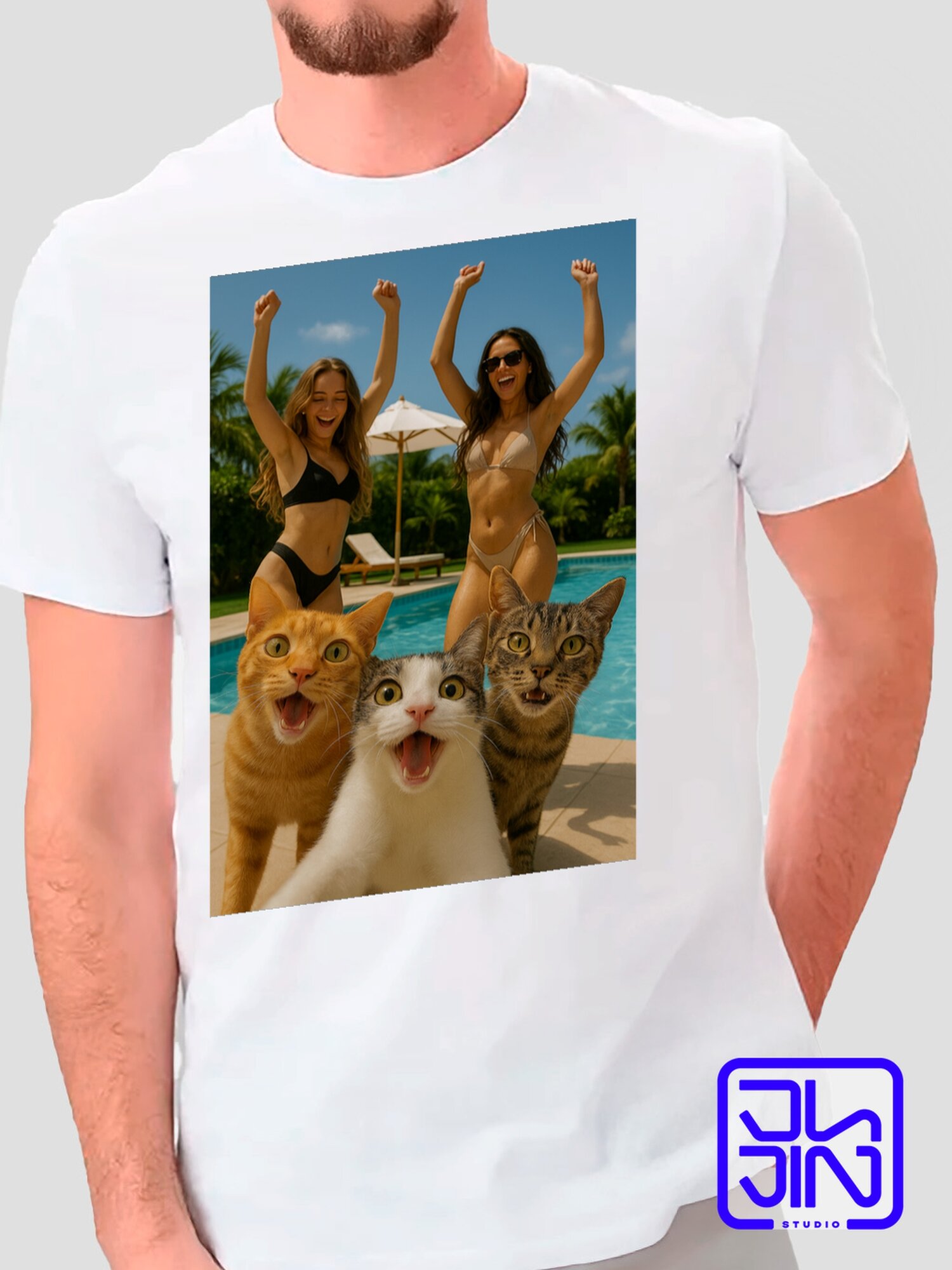 Футболка классическая мужская с авторским принтом Кошка смешная, забавная у голубого, небесного бассейна с женщинами и мемами, белый хлопковый трикотаж с прикольным рисунком на груди