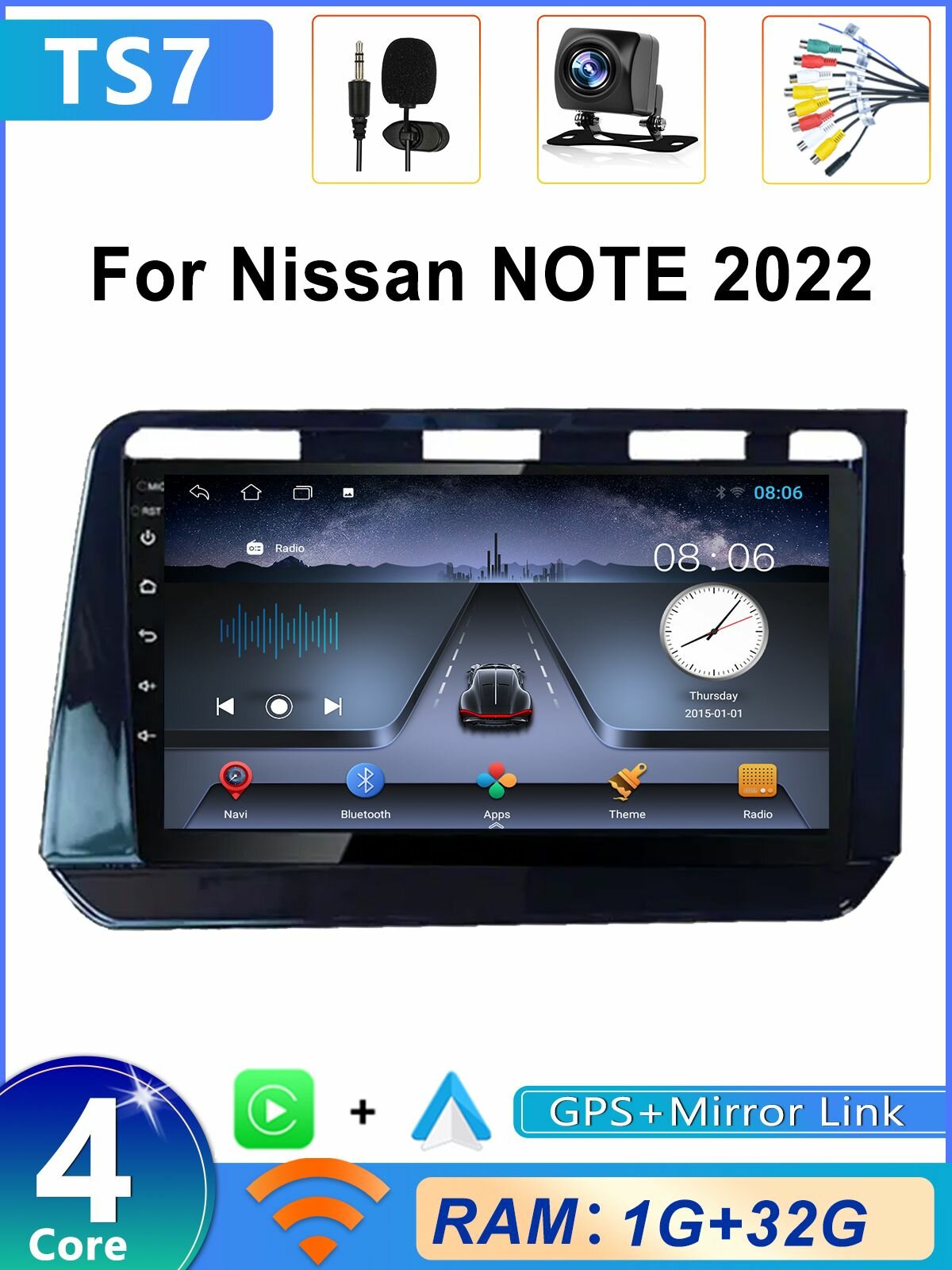 Автомагнитола Nissan NOTE 2022, Bluetooth Wi-Fi Сенсорные кнопки , Серебристый CARPLAY IPS