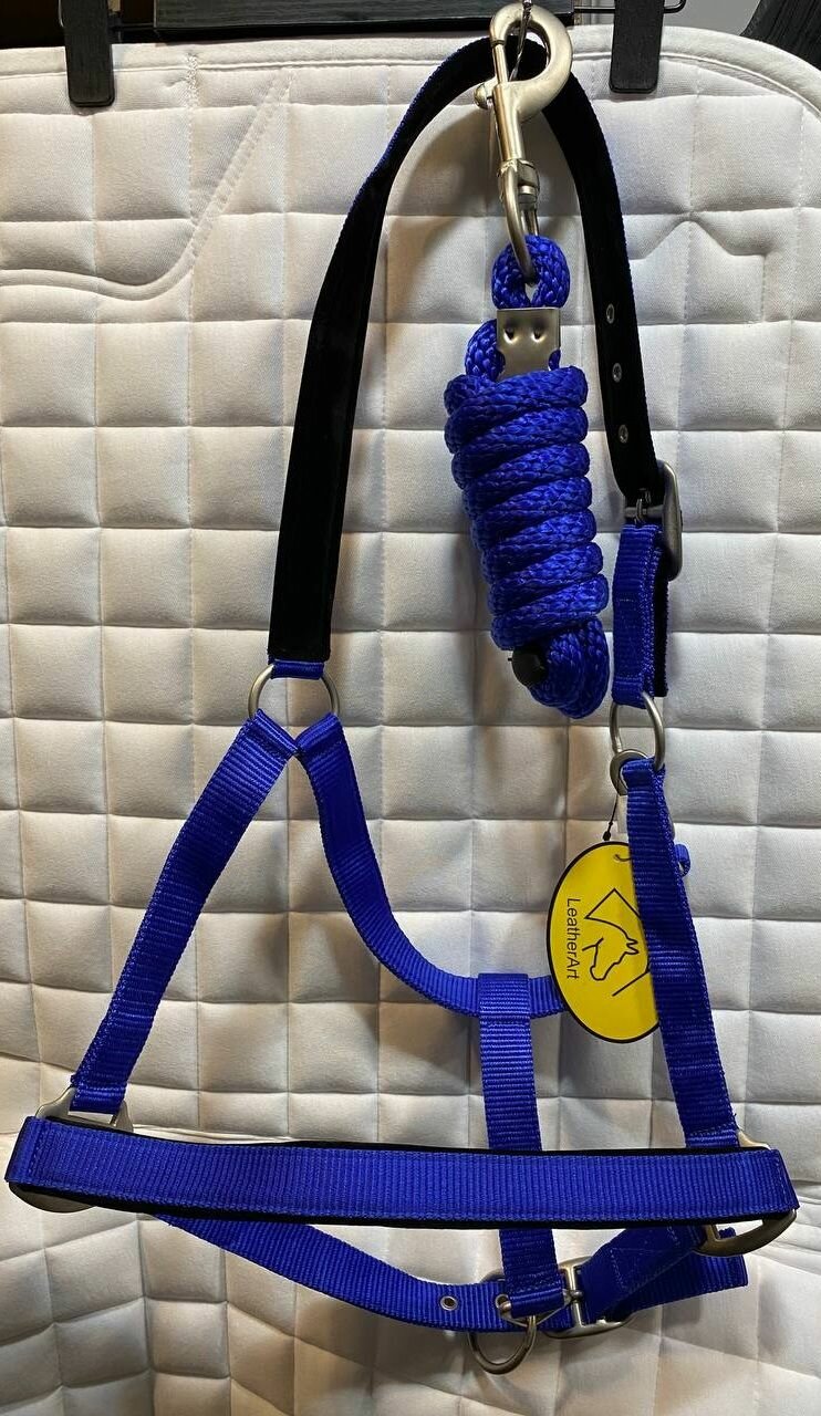 Недоуздок нейлоновый с мягкой подложкой + чомбур LeatherArt комплект, цвет синий, размер PONY