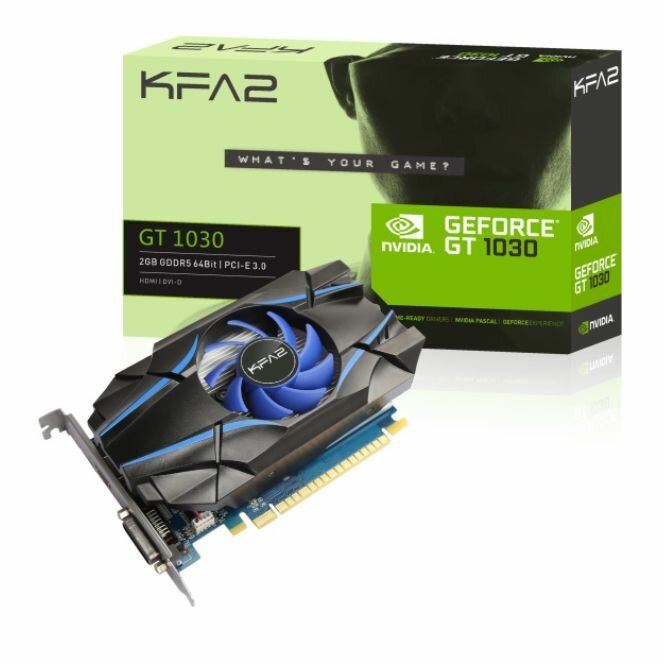 Видеокарта KFA2 GeForce GT1030 2048Mb D5 (30NPH4HVQ4SK) - PCI Express 3.0/2.0 x4, 2 ГБ, GDDR5, 64 бит, DVI, HDMI, GPU 1227 МГц