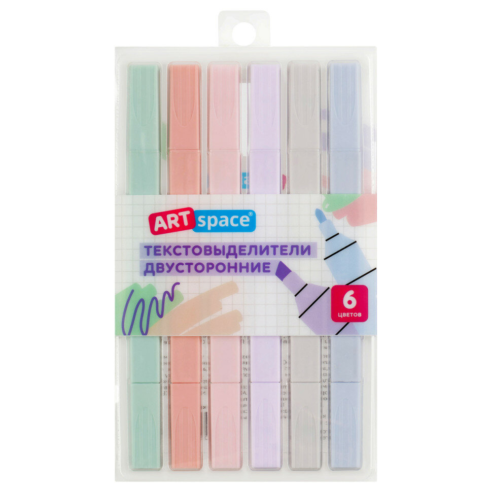 Набор текстовыделителей двусторонних ArtSpace "Thin trace", 06цв, пастельные цвета, 1/1-3мм, ПВХ бокс с подложкой, европодвес, 376032