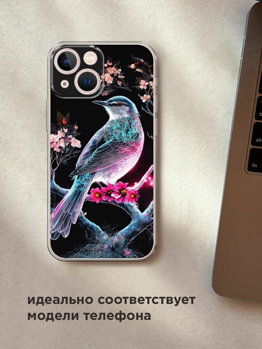 Чехол на Apple iPhone 13 mini / Айфон 13 мини с принтом "Птица на цветущем дереве" — фото 1