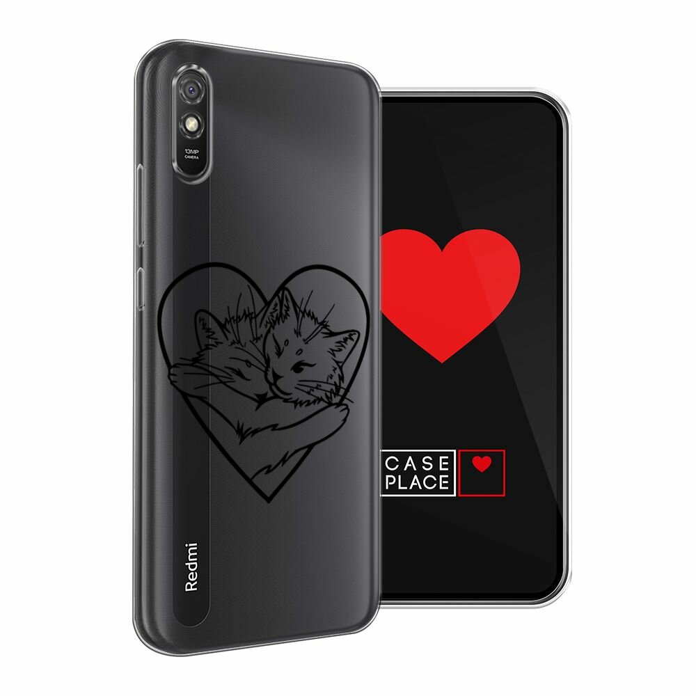 Чехол на Xiaomi Redmi 9A / Сяоми Редми 9А с принтом "Влюблённые котики рисунок 3 - 14 февраля", прозрачный — фото 1