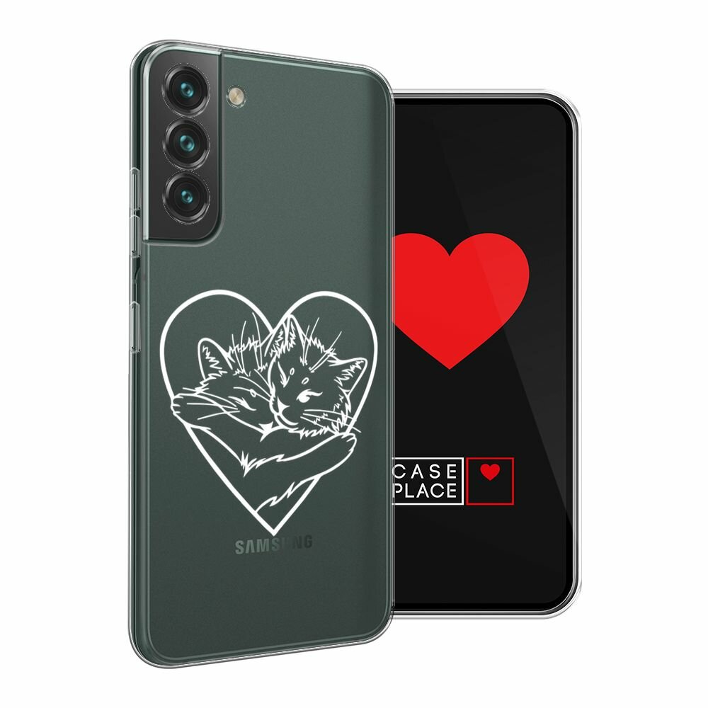 Чехол на Samsung Galaxy S22 + с принтом "Влюблённые котики рисунок 2 - 14 февраля", прозрачный — фото 1